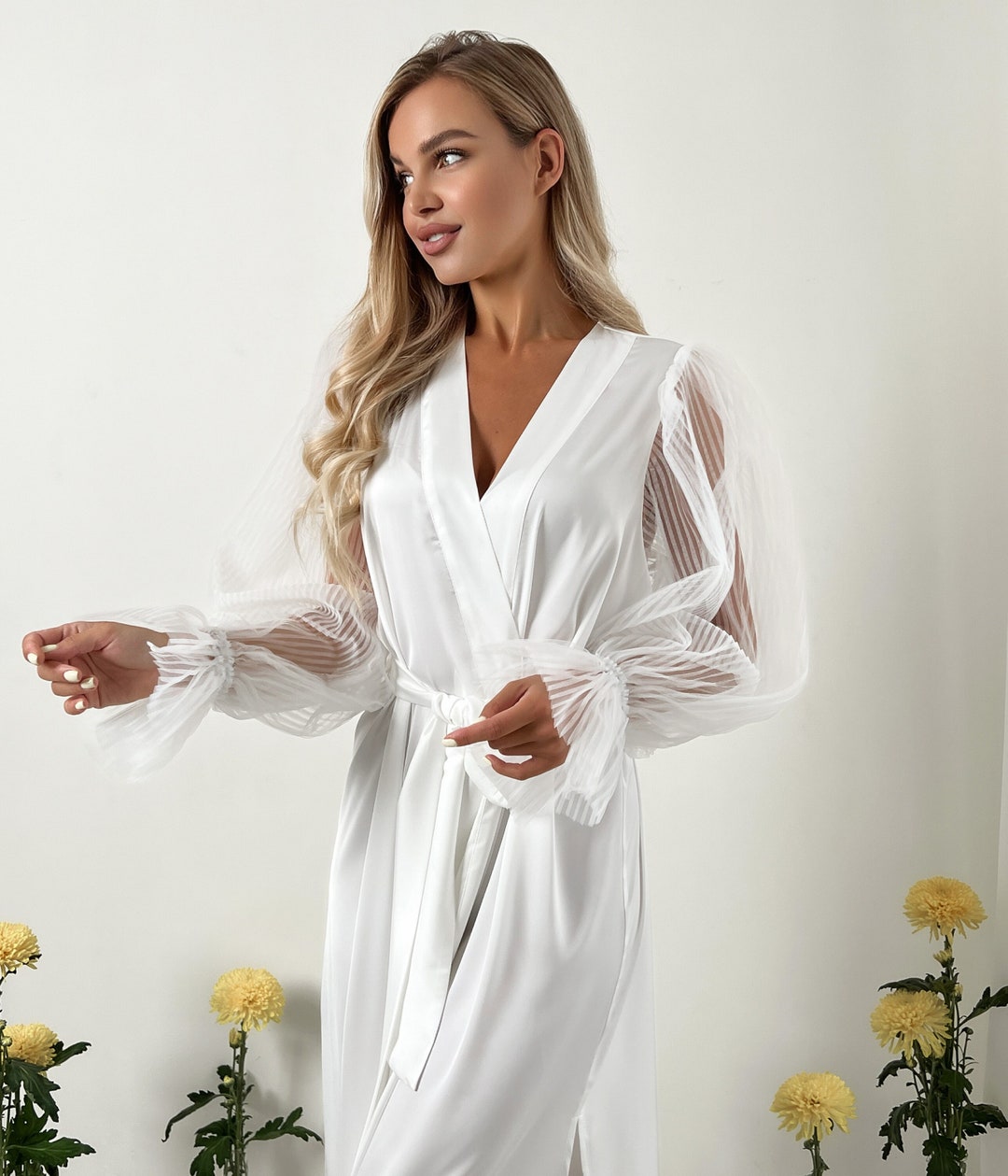 White Silk Satin Wedding Robe, Pleated Lace Sleeves Robe, Bridal Boho ...