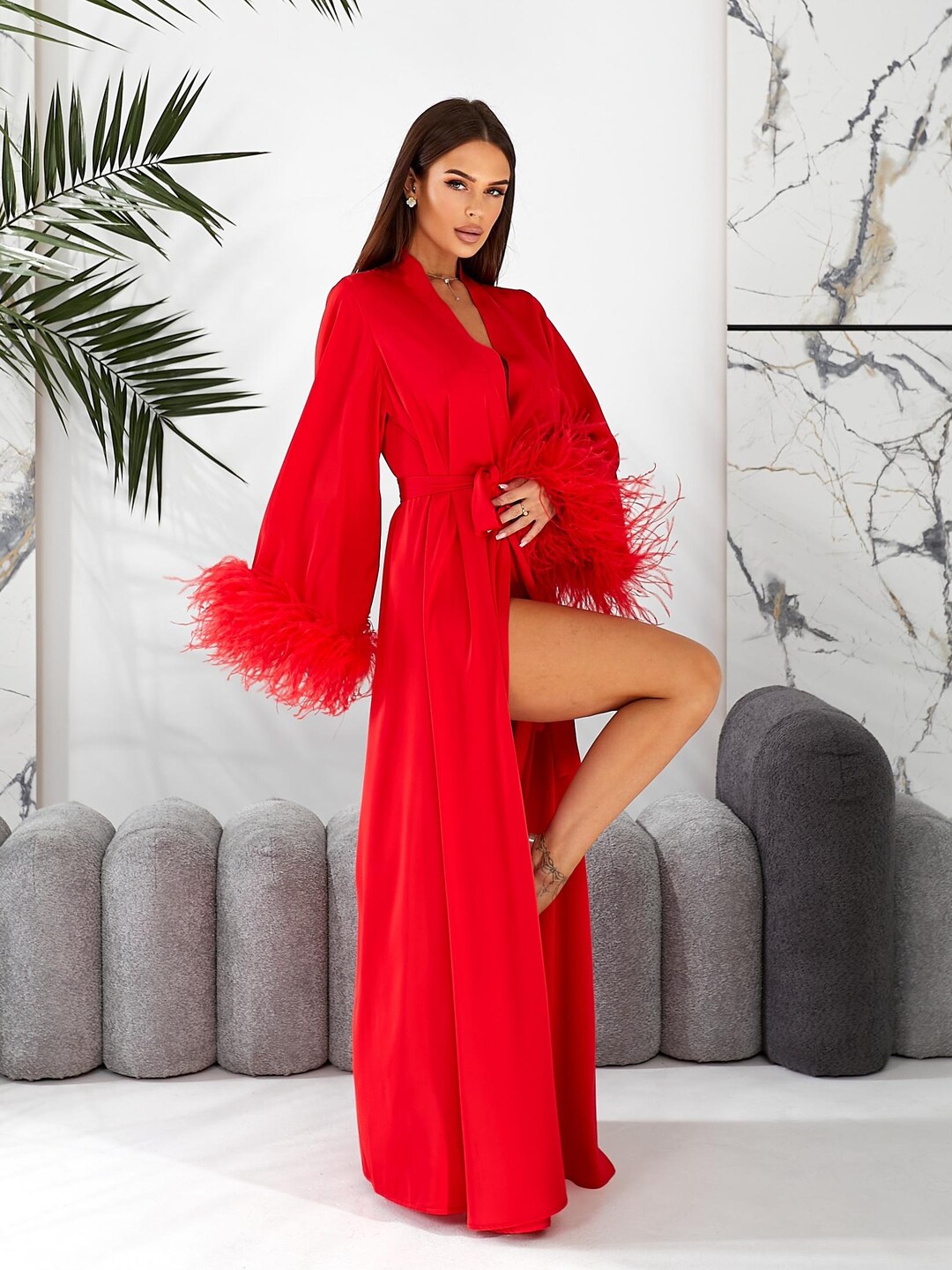 Red Silk Robe Feather Robe Bride Long Bridal Robe Blush Kimono Robe ...