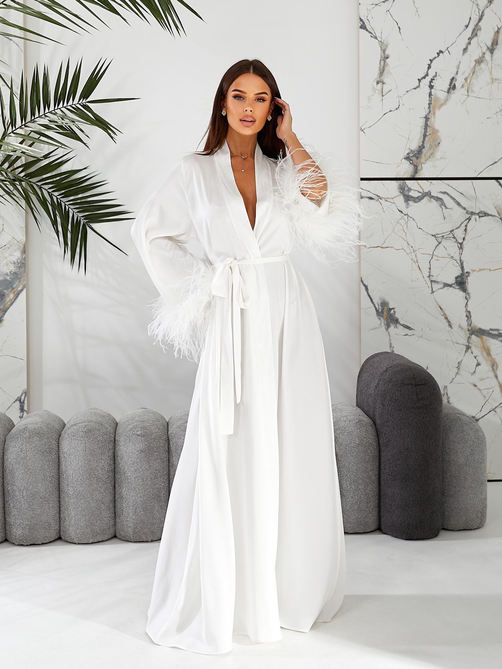 Feather Bridal Robe, White Silk Satin, Luxury Wedding Morning Boudoir ...