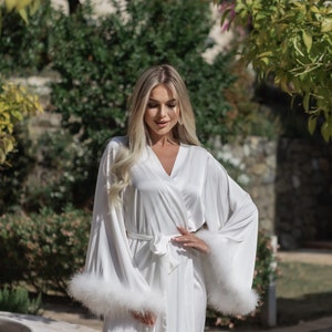 Wedding Robes, Bridal Robe Long, White Satin Feather Robe for Wedding ...