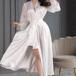 White Long Robe Satin Dressing Gown Lace Long Robe Peignoir Honeymoon ...