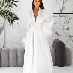 Long Silk Robe, Bride Robe With Feather Sleeves, Red Satin Silk Robe ...