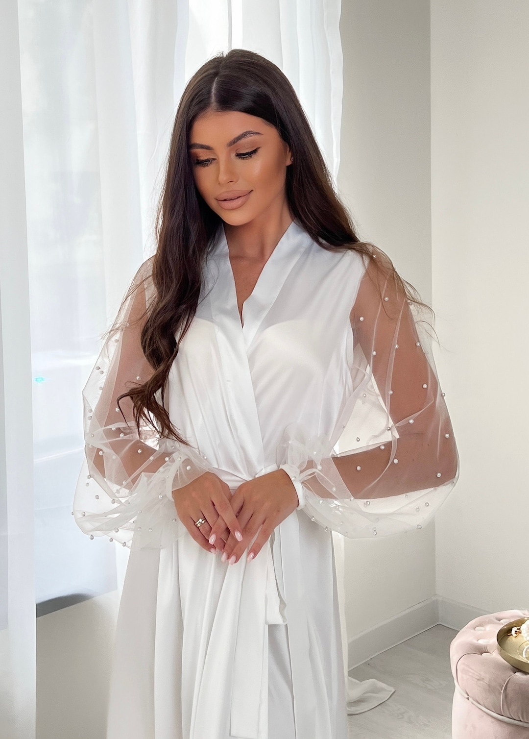 White Bridal Satin Robe With Pearl Sleeves, Wedding Day Robe - Etsy