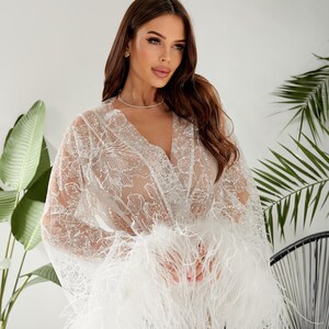 Shiny Wedding Robe White Sheer Feather Robe Long Bridal Robe Boudoir ...