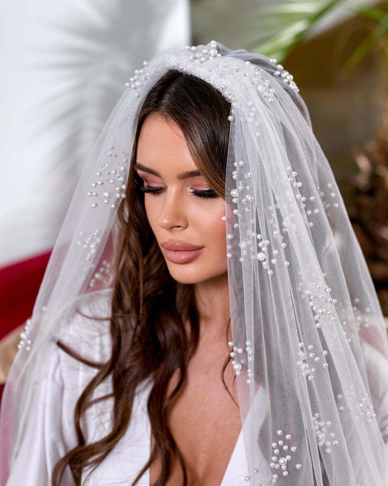 Bridal Pearl Veil: Cathedral Chapel Length, Fingertip Wedding Veil - Etsy