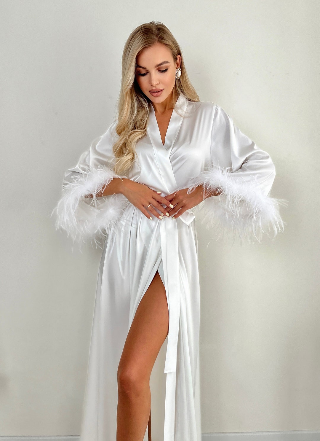 White Bridal Robe Bridal Robe Long Ostrich Feather Robe Bride Robe for ...
