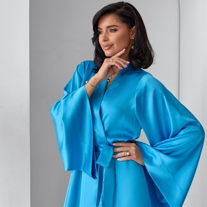 Long Silk Robe Bridesmaid Robes Kimono Robe Wedding Kimono Blue Kimono ...