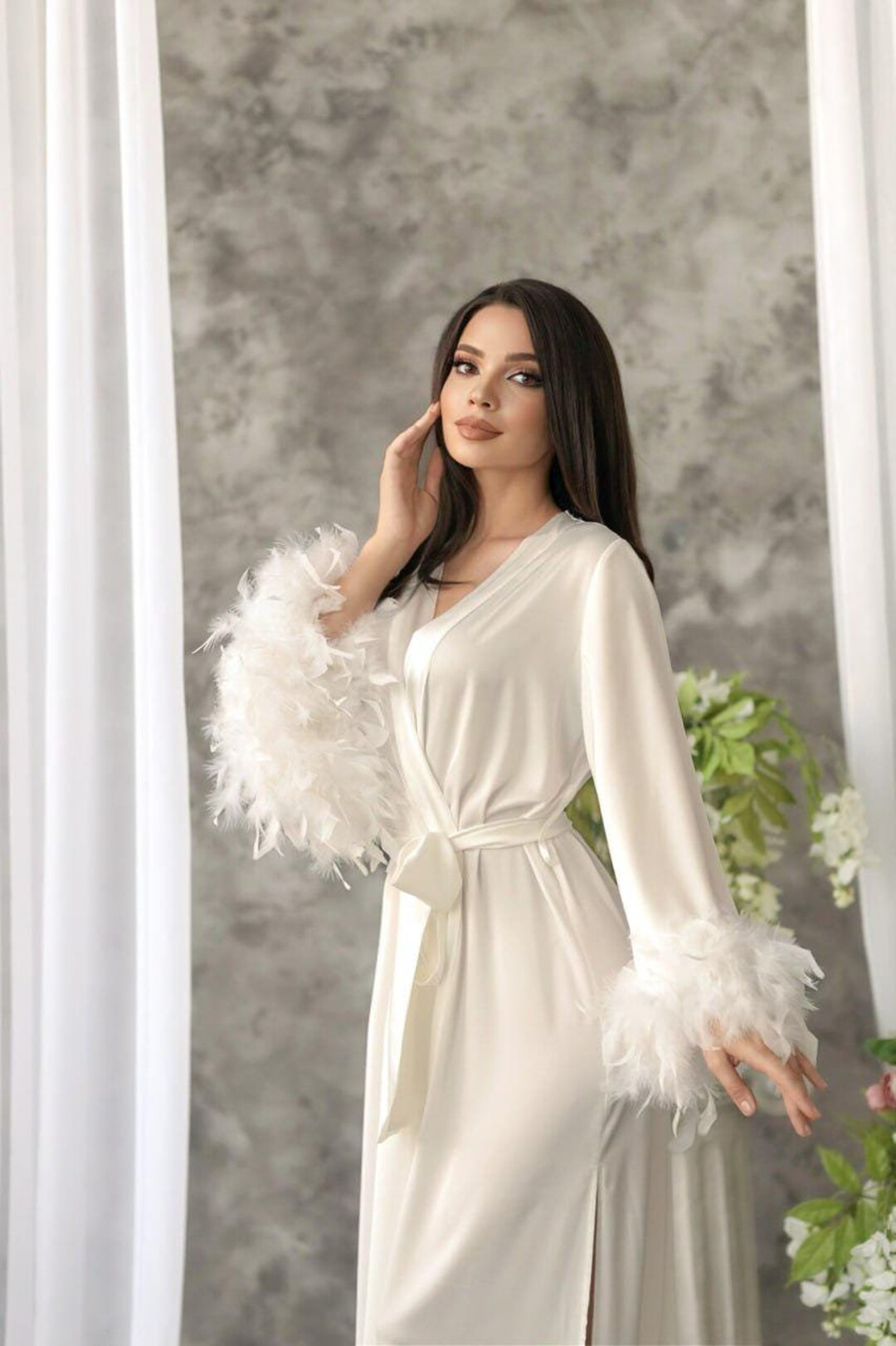 Long Bridal Robes - Bride Robe With Feathers - White Feather Robe ...