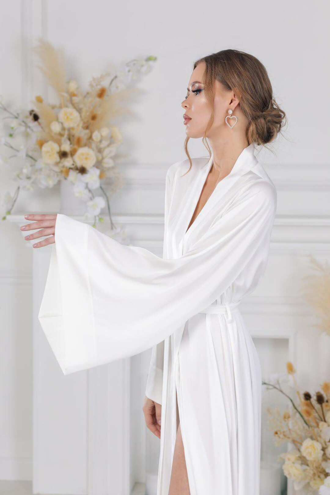 White Silk Kimono Robe, Satin Bride Robe, Bridesmaid Robes, Long Bridal ...