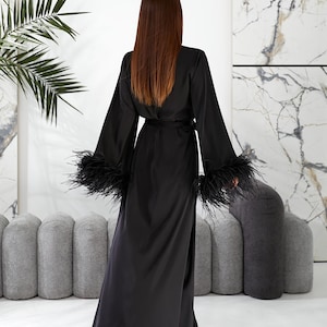 Black Boudoir Robe With Ostrich Feathers, Long Bridal Robe, Long Silk ...