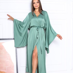 Silk Kimono Green Long Robe Silky Kimono Sleeves Long Robe Long Women's ...