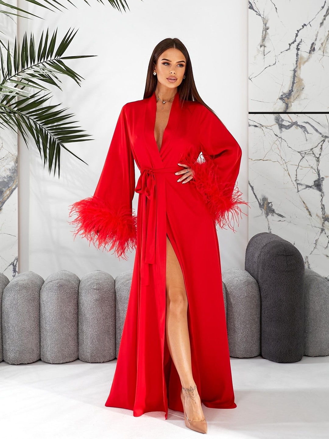 Long Bridal Robe Red Feather Robe Luxury Bridal Robe Boudoir Robe ...