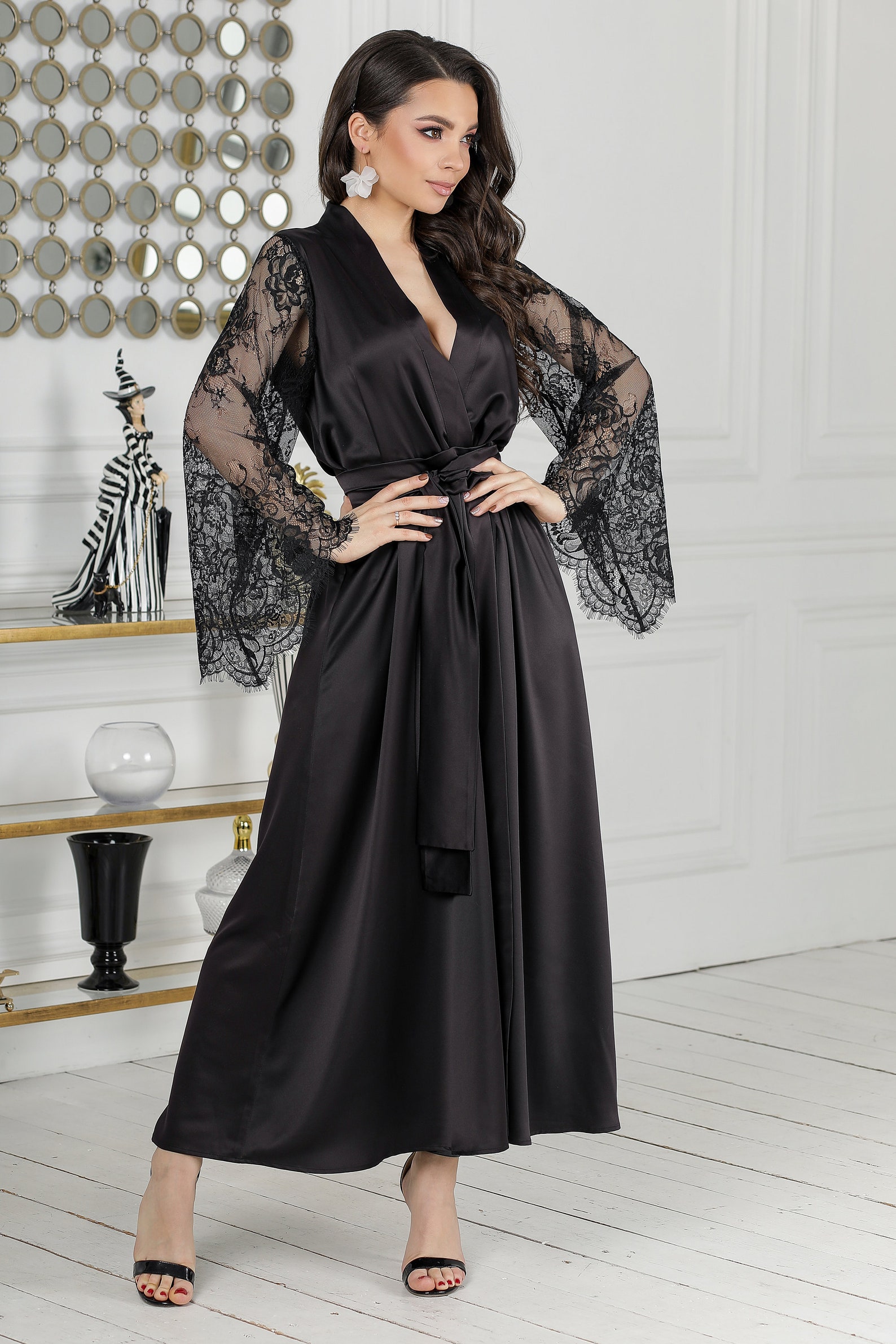 Black Lace Robe Silk Satin Gothic Wedding Lace Kimono Robe | Etsy