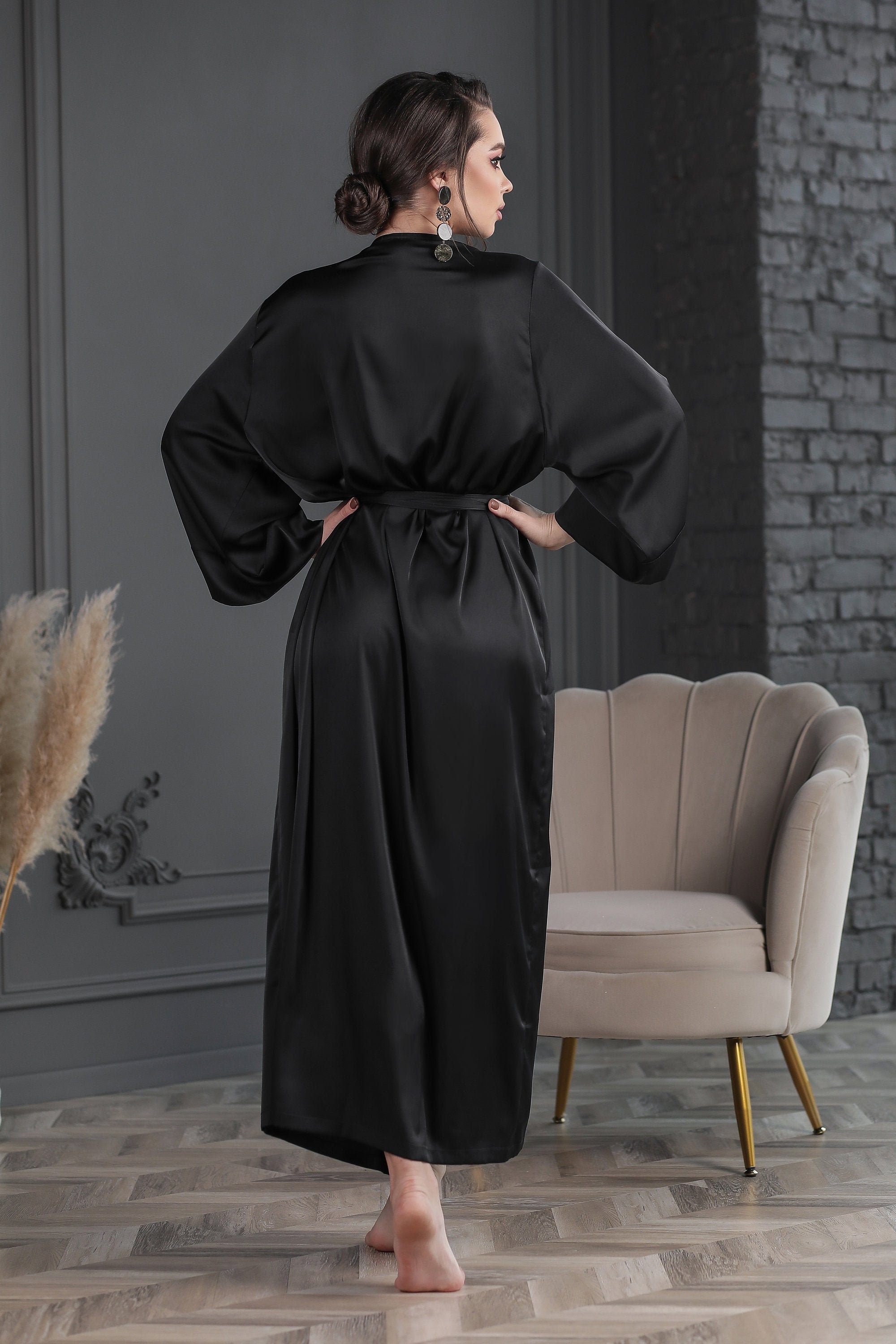 Black Robe Silk Luxury Black Kimono Robelong Black Robelong Etsy