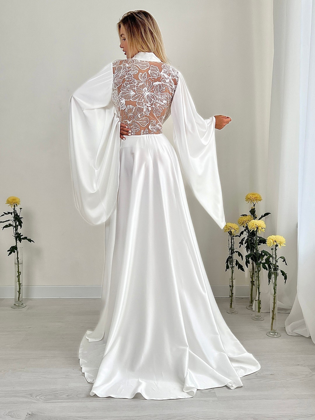 Wedding Robes Long Bridal Robe With Train Bride Getting Ready Robe ...