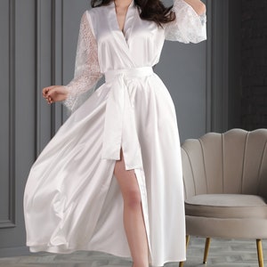White Long Robe Satin Dressing Gown Lace Long Robe Peignoir Honeymoon ...