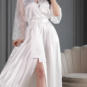 White Long Robe Satin Dressing Gown Lace Long Robe Peignoir Honeymoon ...