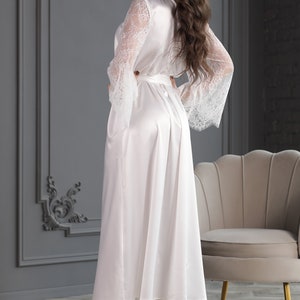 White Long Robe Satin Dressing Gown Lace Long Robe Peignoir Honeymoon ...