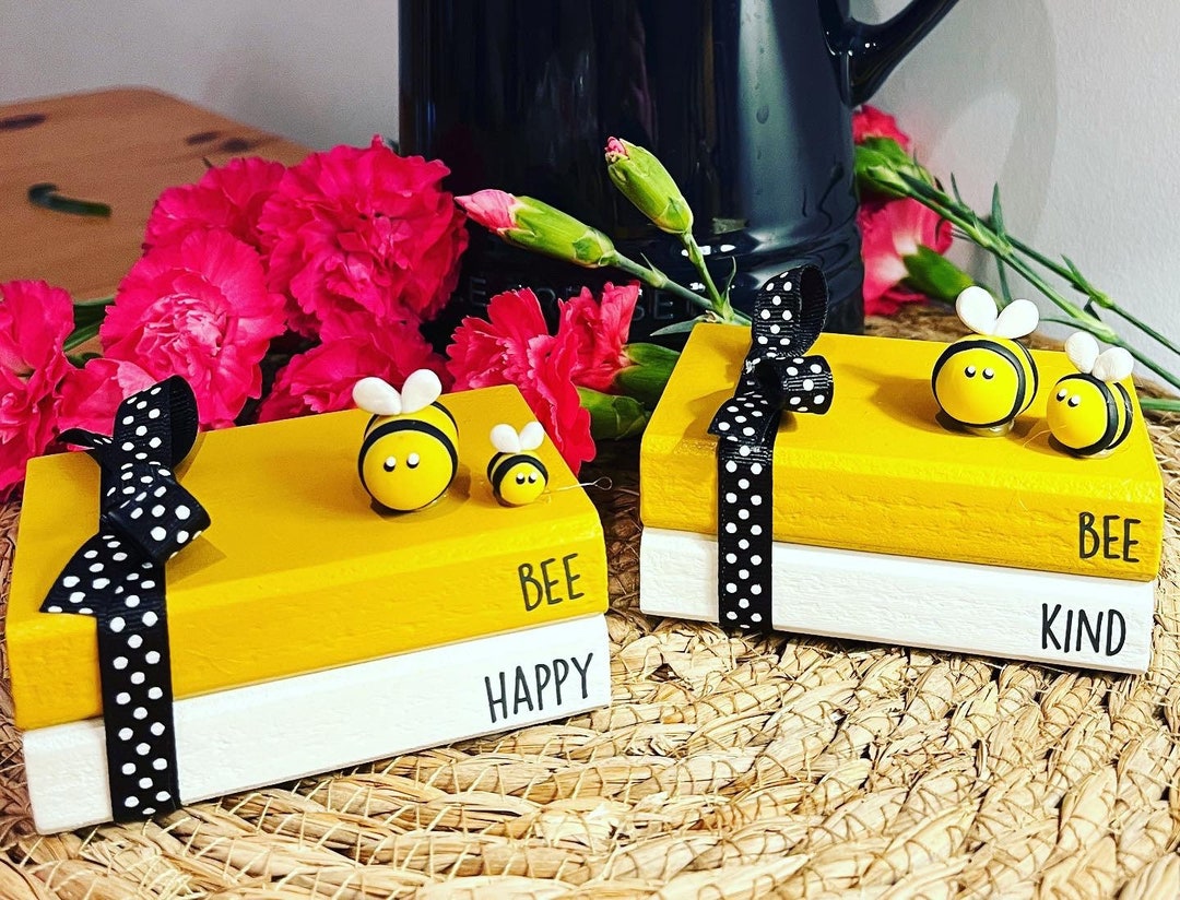 Bee Happy Bee Kind Mini Bookstack Handmade Bee Themed Decor - Etsy