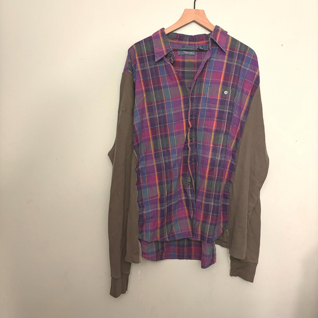 Purple Button up Plaid Reworked T Shirt Olive Upcycled Rework Pullover ...