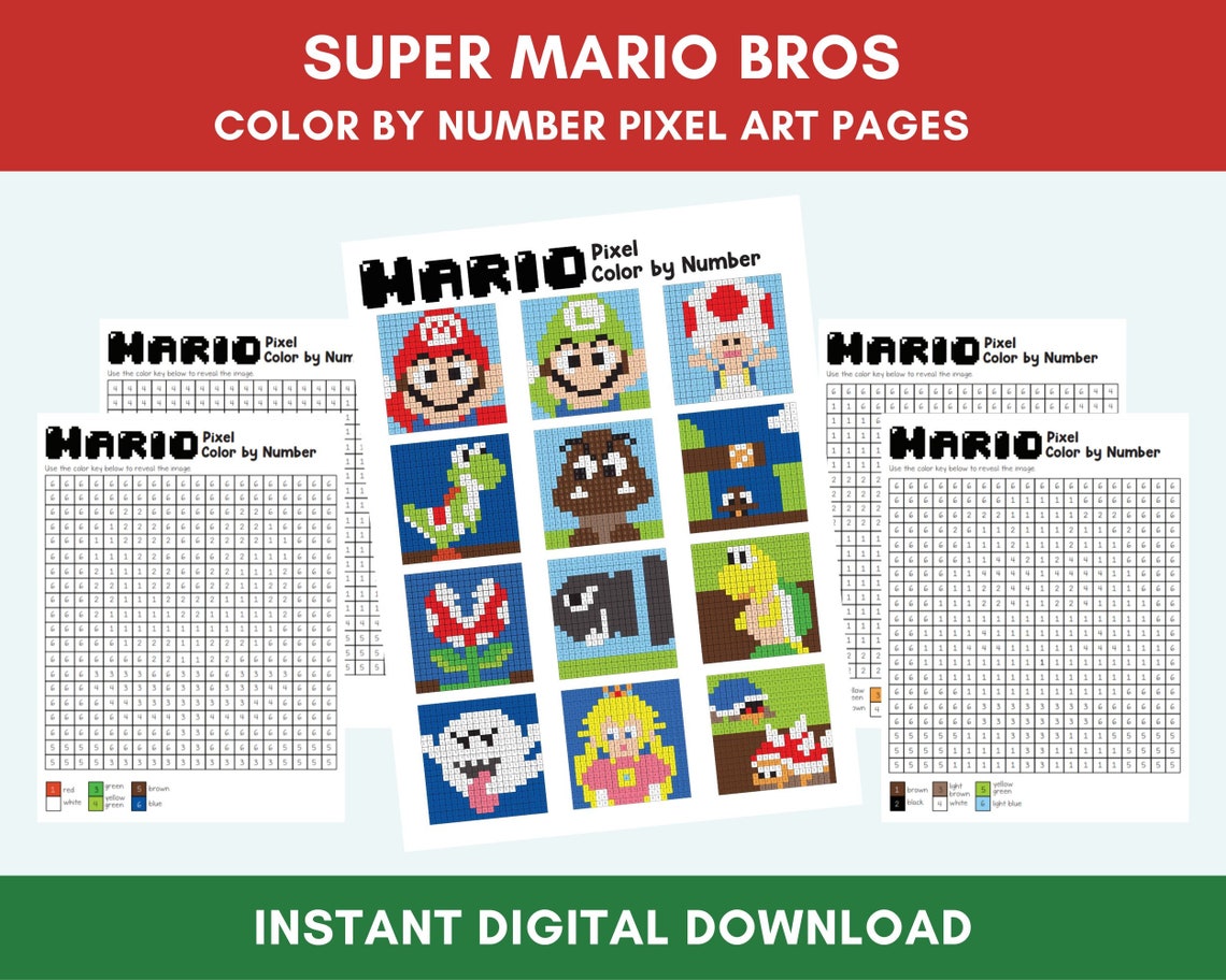 Super Mario Bros Coloring Pages | Color by Number | Pixel Art for Kids ...