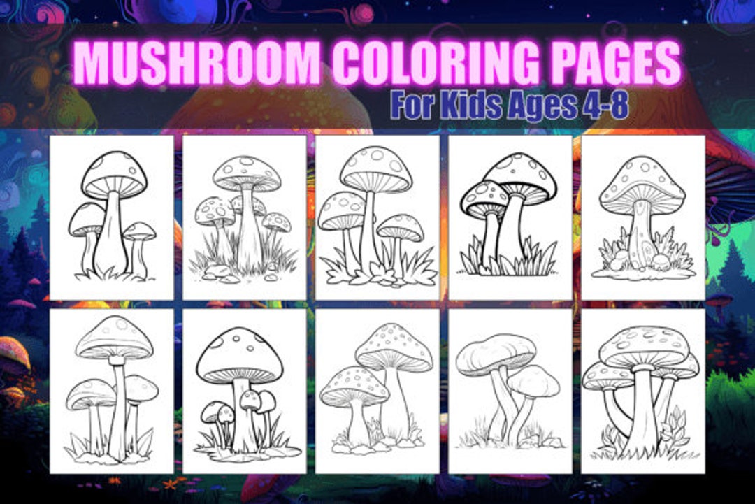 Mushroom Coloring Pages Graphic Worksheet Template for Kids and Adults ...