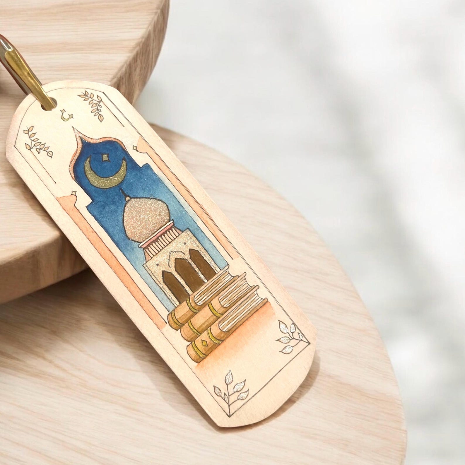 Islamic Bookmark With Metalic Dome and Crescent Moon | Hand-painted Watercolor Laminated ...