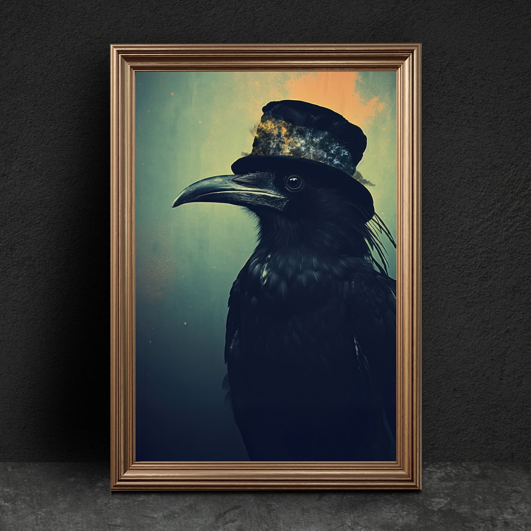 Goth Crow Wearing Hat Vintage Poster Witchy Decor Dark Academia Art ...