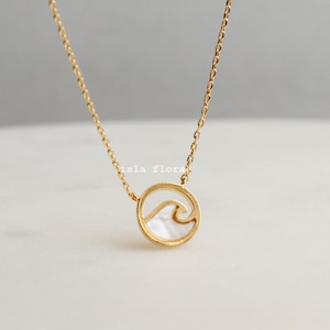 Mother of Pearl White Shell Wave Coin Pendant Necklace, Dainty Gold ...