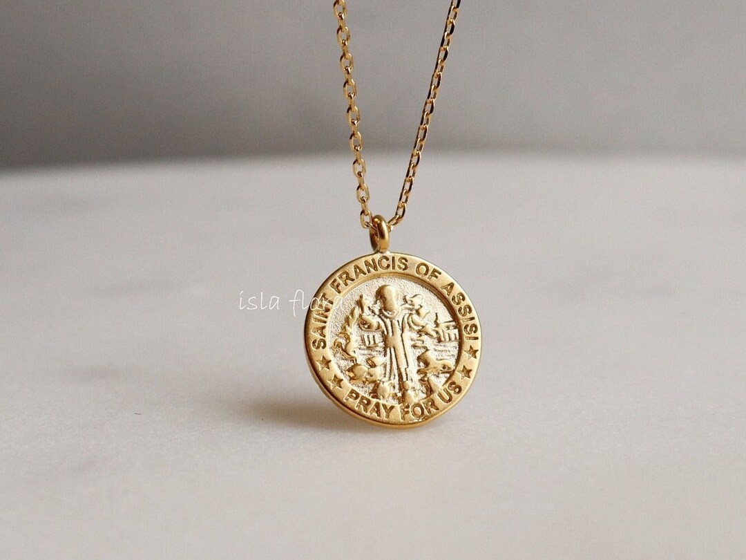 St. Francis of Assisi Coin Necklace 23 Chain, 18K Gold Dipped Layer ...