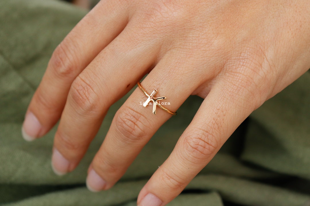 Letter K Initial Ring, Dainty Solid Letter 18K Gold Dipped, Mini ...
