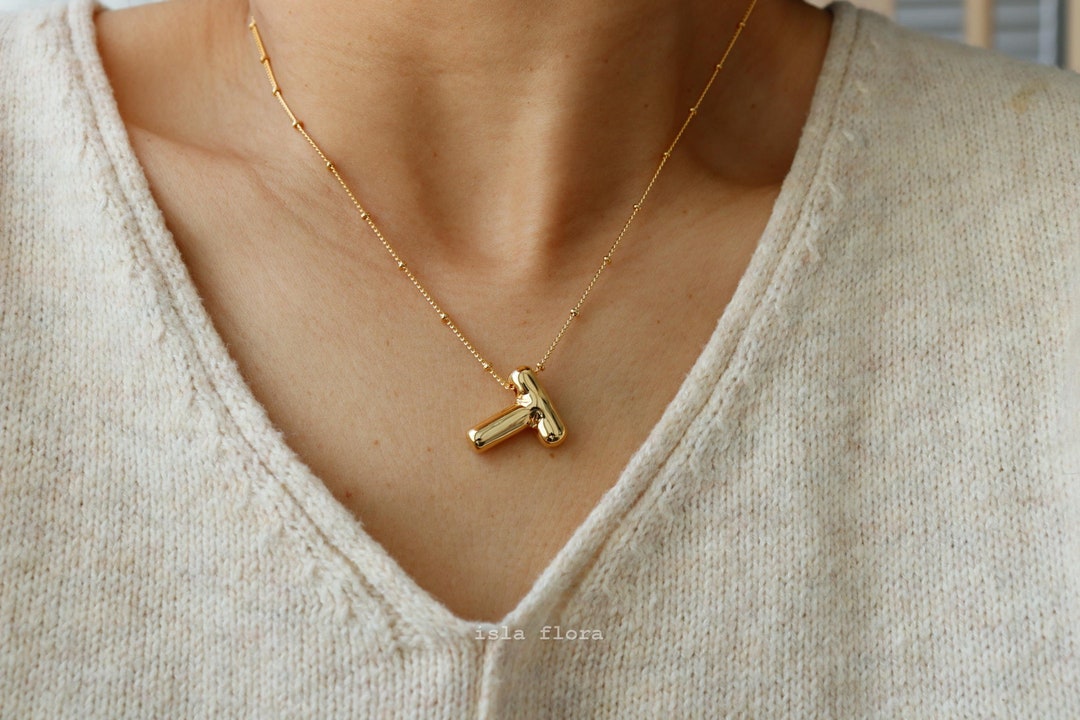 Large Chunky Letter T Necklace, Gold Plated Satellite Chain, Bubble ...