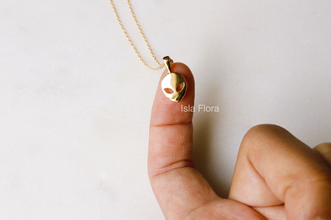 18K Gold Dipped Alien Head Pendant Necklace, Plated Chain, Dainty ...