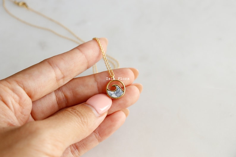 White Howlite or Turquoise Wave Coin Pendant Necklace, Dainty Gold ...