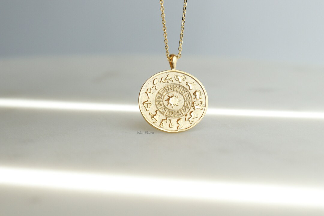 Celestial Zodiac Symbols Necklace, 18K Gold Dipped Celestial Signs Coin ...