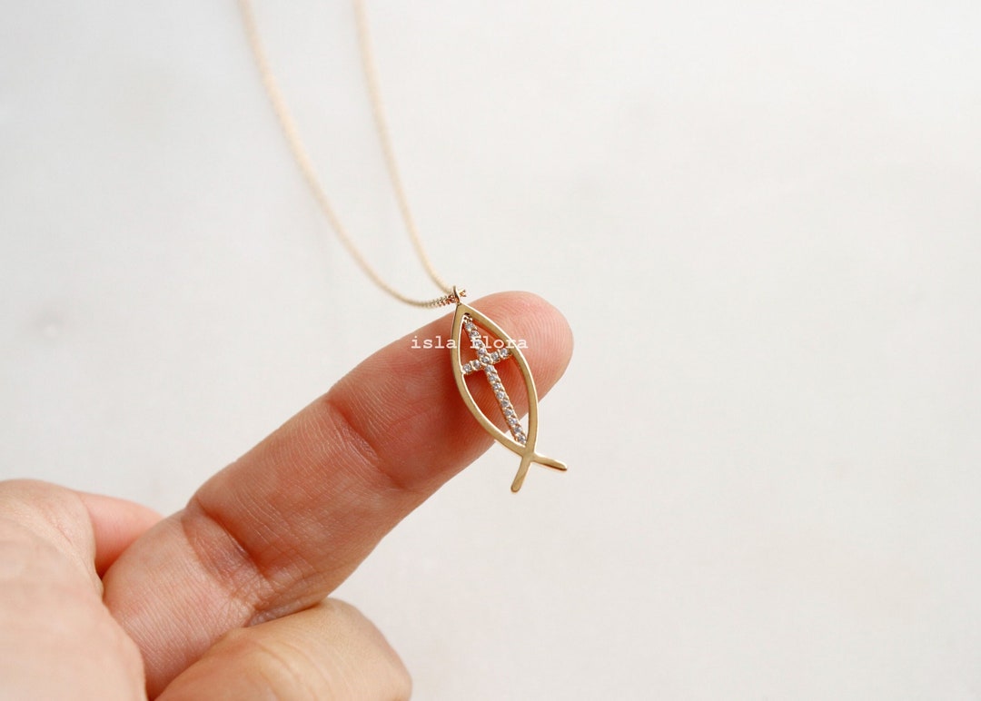 18k Gold Dipped Studded Cross Ichthys Necklace, Christian Symbol ...