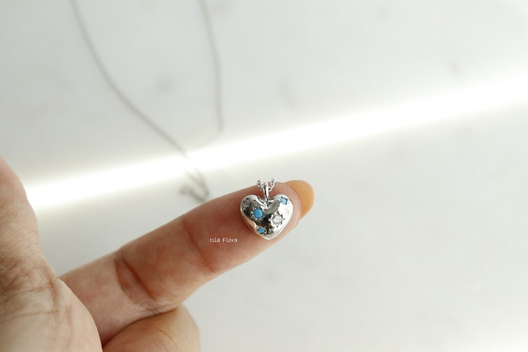 Y2K Retro Star Dainty Heart Pendant Necklace With Crystal Turquoise ...