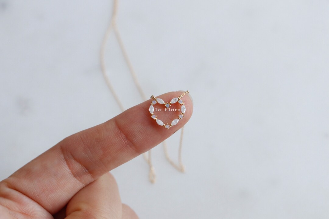 Dainty Scattered Gems Heart Shape Necklace, Opal Crystal 18K Gold ...