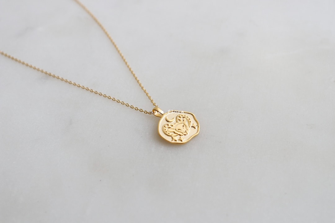Aries Zodiac Emboss Stamped Uneven Coin Necklace, Dainty 18k Gold ...