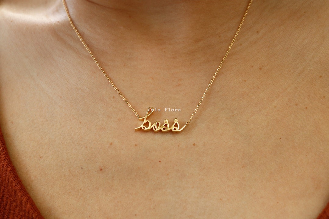 Cute Lowercase Boss Cursive Script Necklace, 18k Gold Dipped Artistic ...