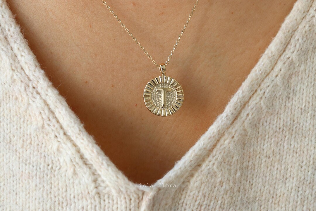 Letter T Fluted Medallion Pendant Necklace, Gold T Name Charm Necklace ...