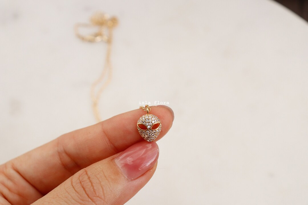 18K Gold Dipped Alien Head Crystal Almond Eyes Pendant Necklace, Dainty ...