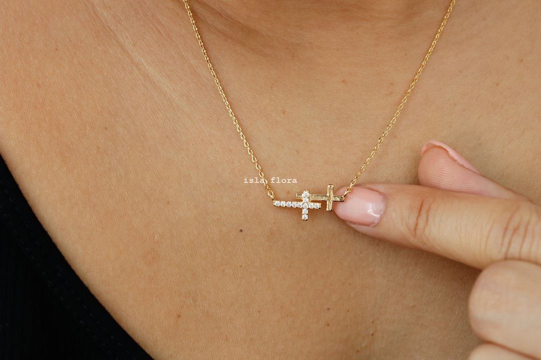 Solid & Studded Cross Twin Layer Necklace, Christian Symbol, Double ...