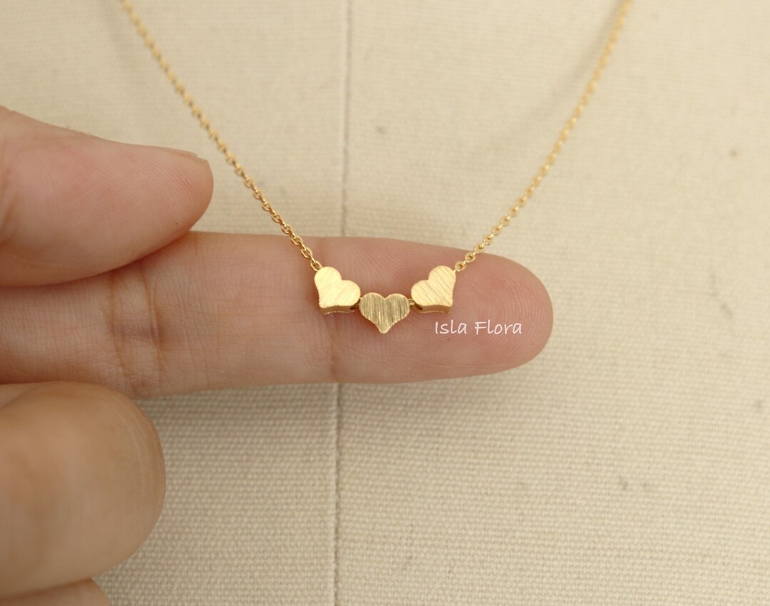 Mini Triple Heart Necklace, Gold Plated Brushed Look, Small Block ...