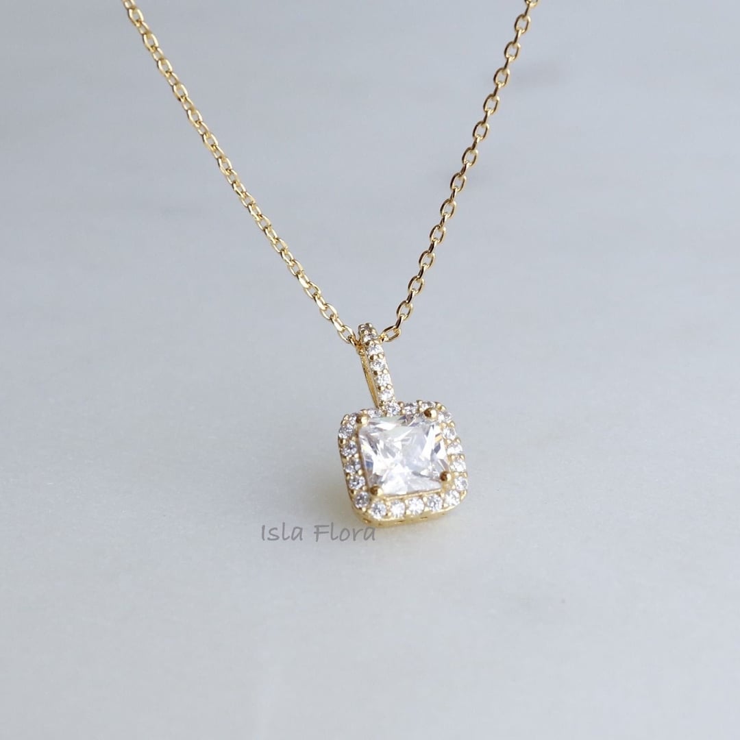 18k Gold Dipped Stunning Square Crystal Pendant Necklace, CZ Pave Wrap ...