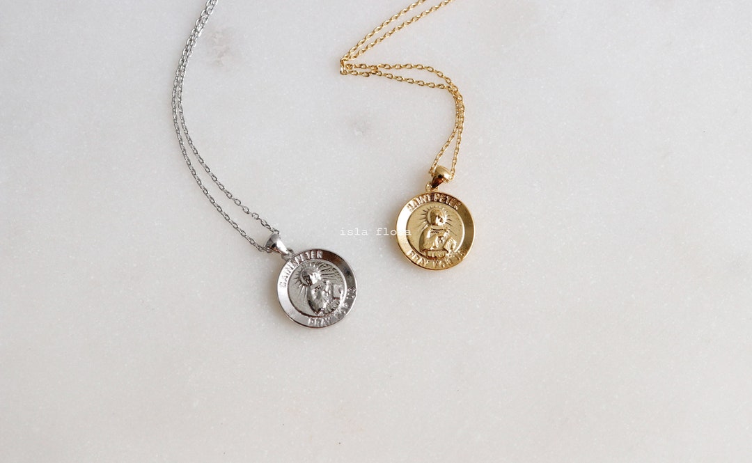 St Peter Coin Pendant Necklace, Gold Dipped Saint Peter the Apostle ...