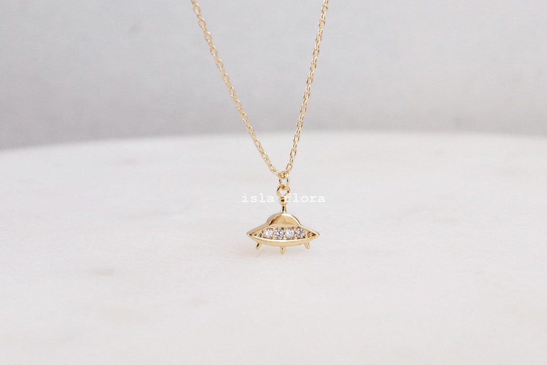 Crystal Paved Gold UFO Pendant Necklace, Flying Saucer Gold Plated ...