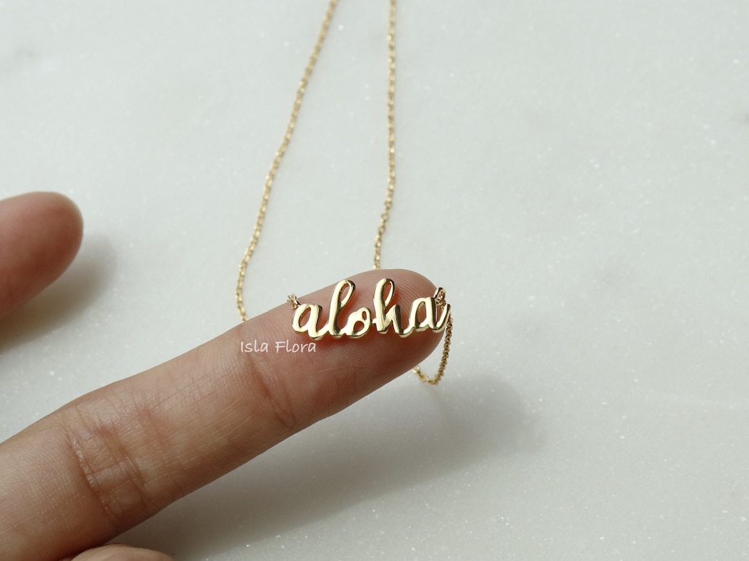 Dainty Cursive Aloha Necklace, Cute 18k Gold Plated Silver, Hawaii ...