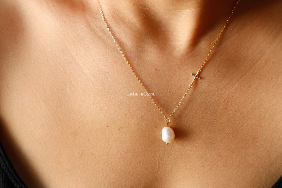 Freshwater Pearl Dainty Cross Duo Necklace, 18k Gold Plated Coastal ...