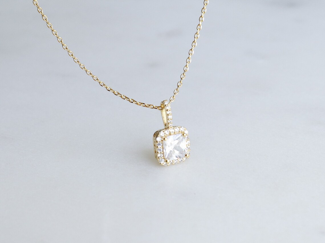 18k Gold Dipped Stunning Square Crystal Pendant Necklace, CZ Pave Wrap ...